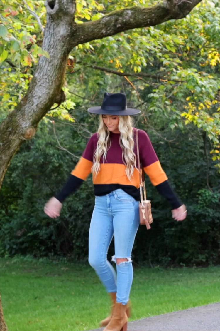 X Savannah Burgundy Colorblock Striped Rib Sweater